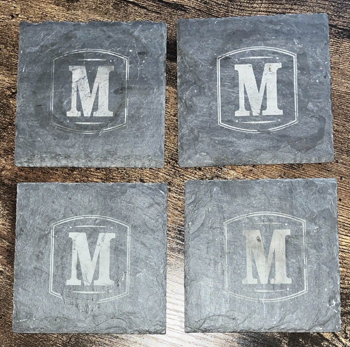 Slate Monogram Coasters “M” Set Of 4 Square Coaster With Cork Feet | eBay