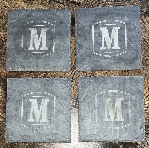 Slate Monogram Coasters “M” Set Of 4 Square Coaster With Cork Feet | eBay