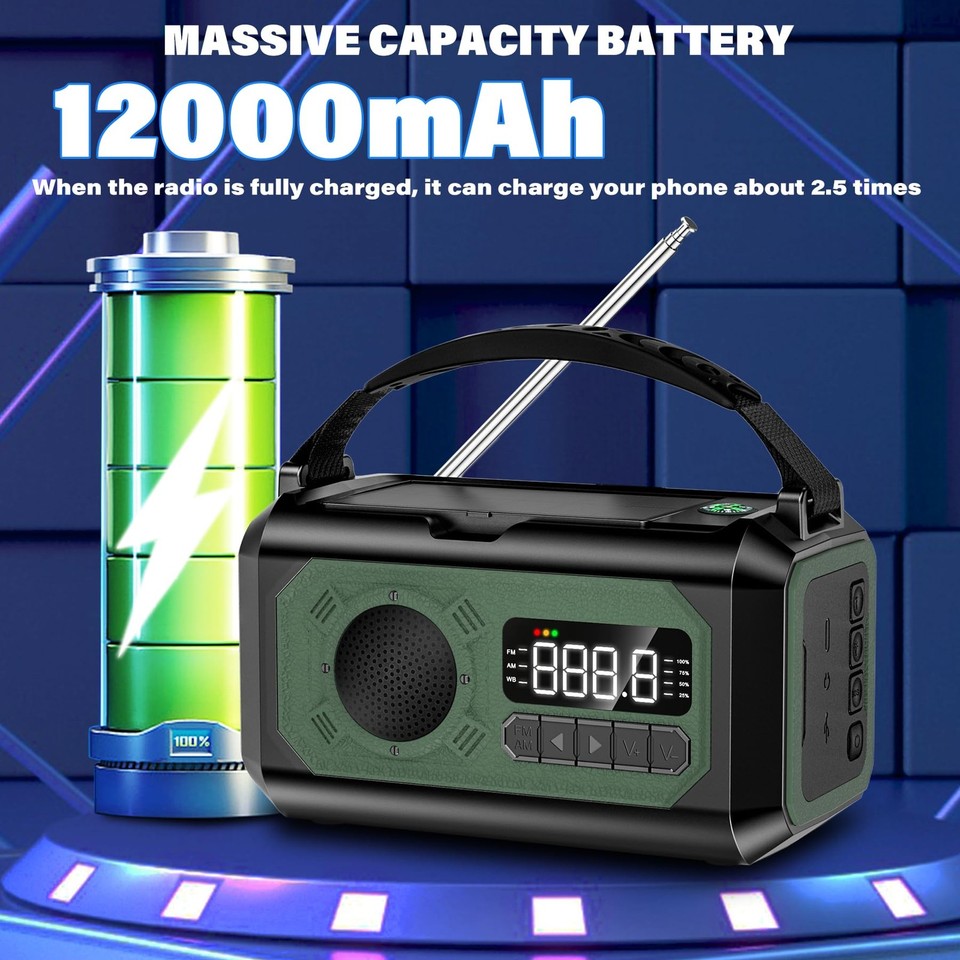 12000mAh Emergency Weather Radio, Hand Crank AM/FM/NOAA With 2 Solar ...