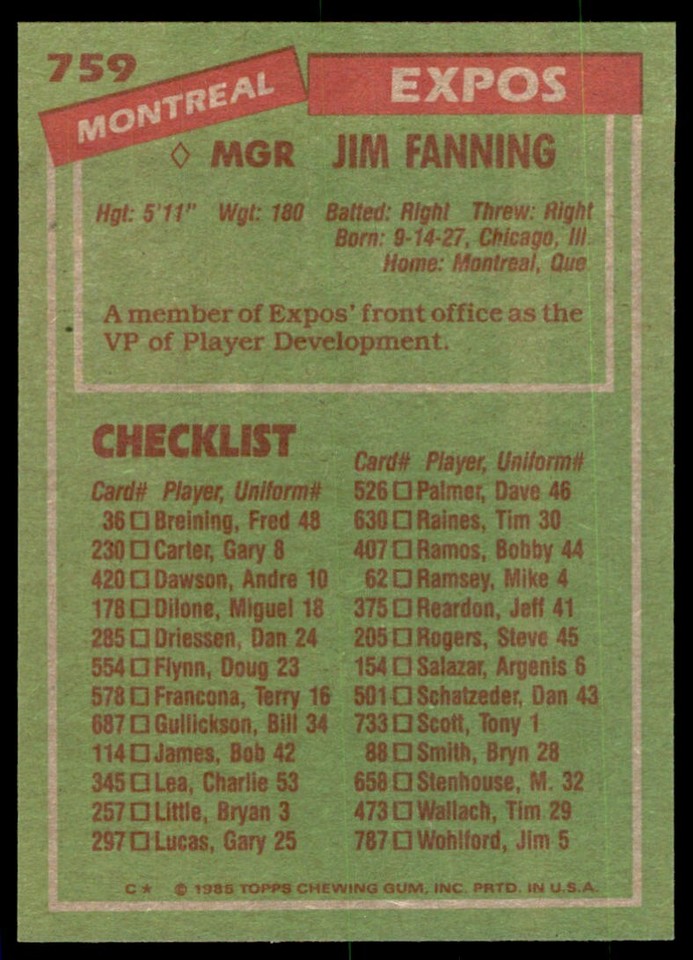 1985 Topps Jim Fanning A Baseball Cards #759 | eBay