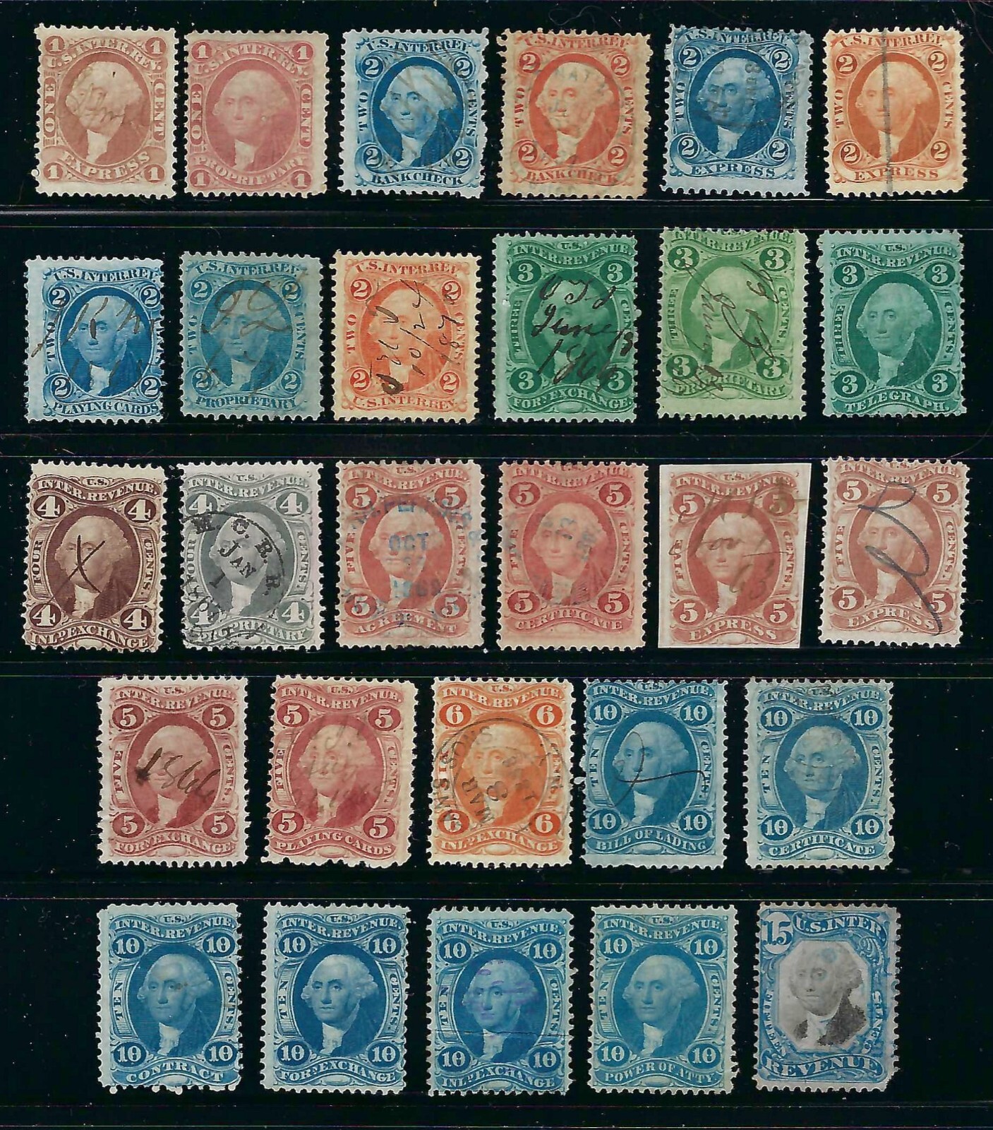 1862-1871 USA 28 Internal Revenue Stamps, F/VF, 4 MINT, 24 Used, Hinged ...