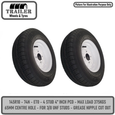 Trailer Wheel Rim and Tyre Complete 145R10 2x2 Ply 4 x 4 inch PCD White ...