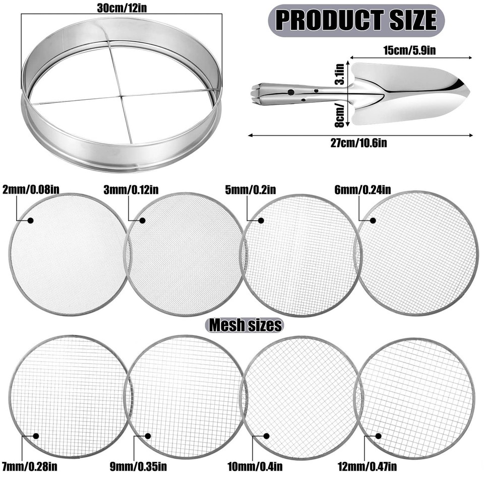 10 Pcs 12 Inch Soil Sieve Stainless Steel Sieve Set Garden Soil Sifter ...
