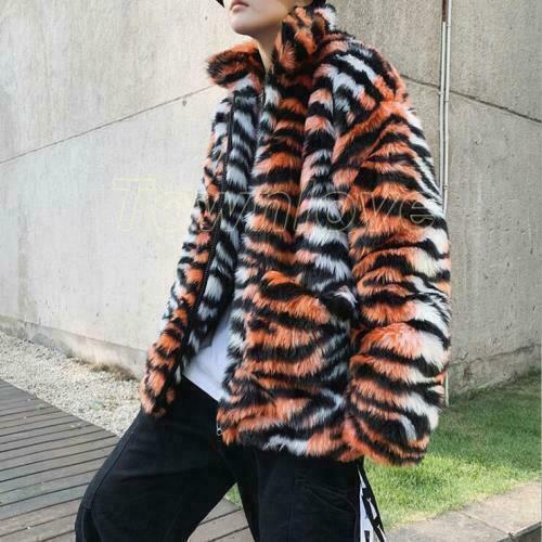 Men's Winter Stand Collar Faux Fur Tiger Stripes Jackets Thicken Padded ...