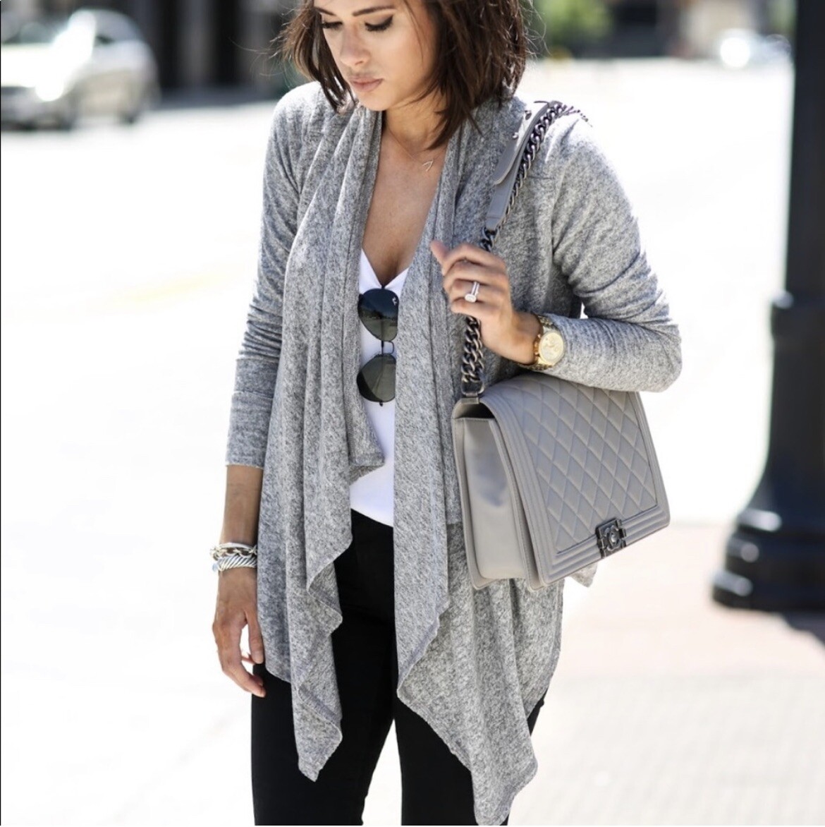 LOGO by Lori Goldstein gray waterfall cardigan with p… - Gem