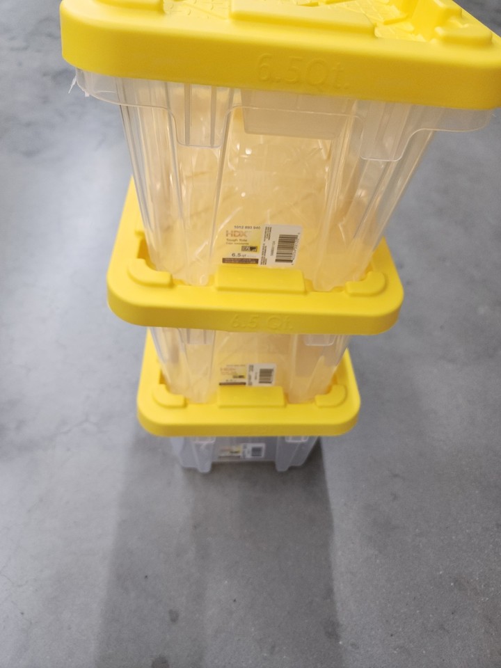3 Pack 6.5 quart HDX storage Container clear Though totes with yellow ...