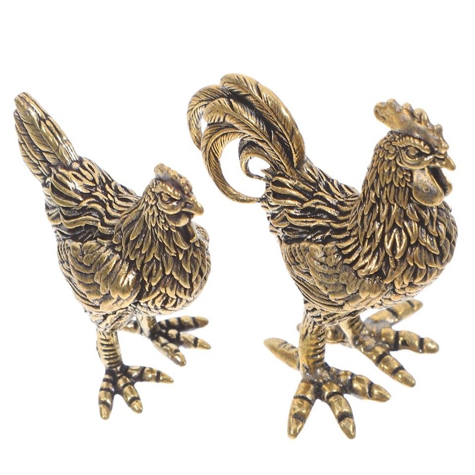 2pcs Copper Chicken Figurines Brass Rooster Hen Sculptures Zodiac ...