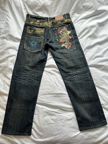 Japanese denim multi-pocket koi fish jeans | eBay UK