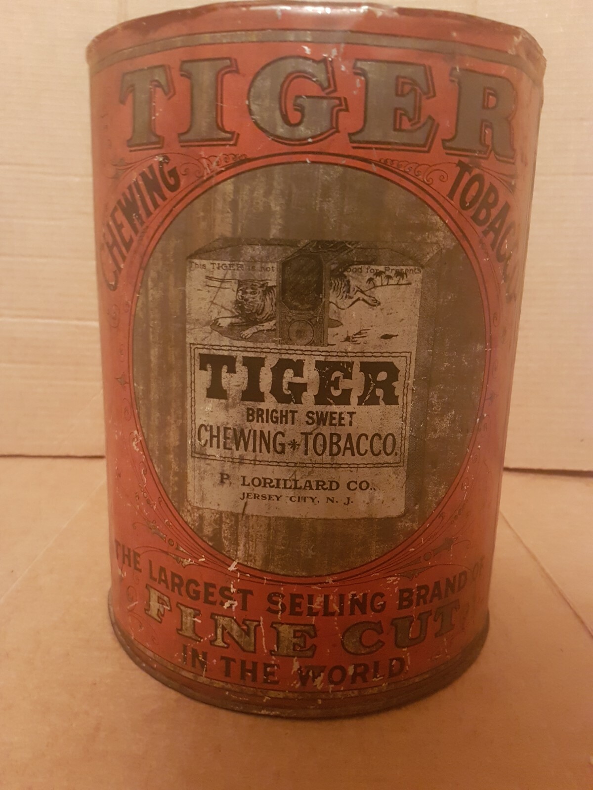 Antique Large Tiger Chewing Tobacco Tin! 5 Cent Packages! Country Store ...