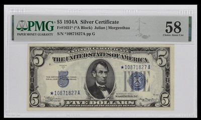 Series 1934A $5 Silver Certificate Star Note Fr.1651* PMG 58 Choice ...