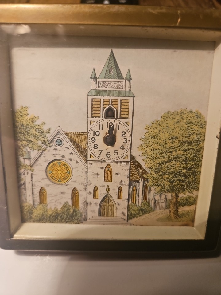 1933 LUX CHURCH w Bell Tower Animated Motion Shelf Clock Works Bell ...