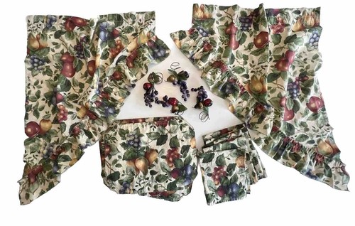 Fruit Placemats Napkins Valance Curtain + 4 Napkin Rings Grapes Apples ...