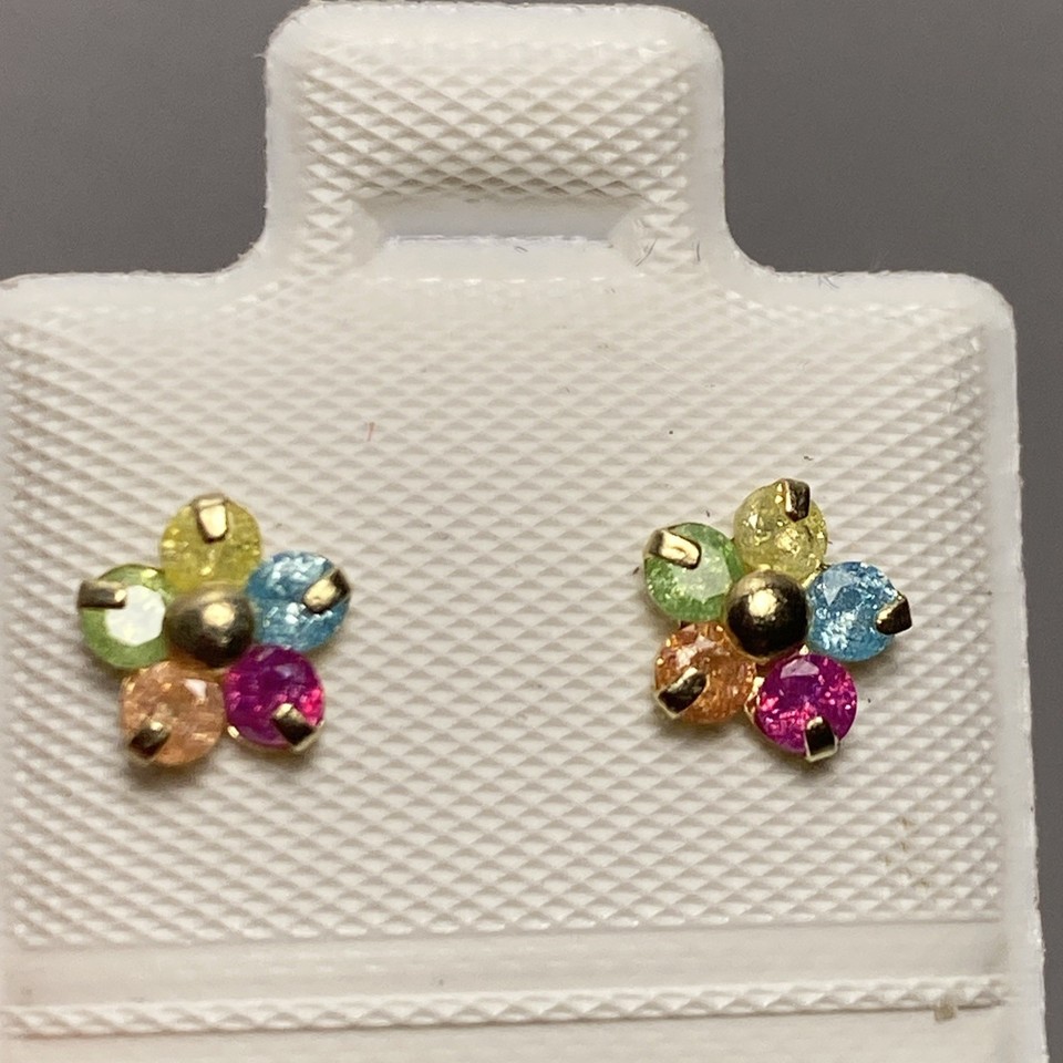 10k Yellow Gold Shape Flower Multicolor Cz , Stud Earrings. For Baby ...