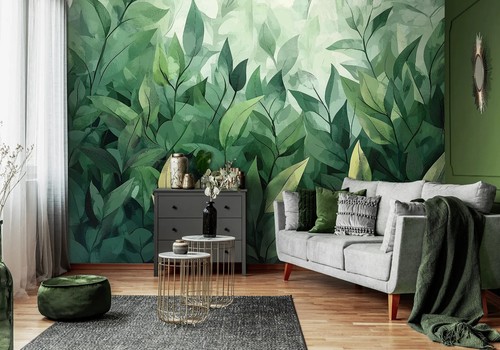 Large Leaves WALLPAPER lounge mural 312x219cm green feature wall paper ...