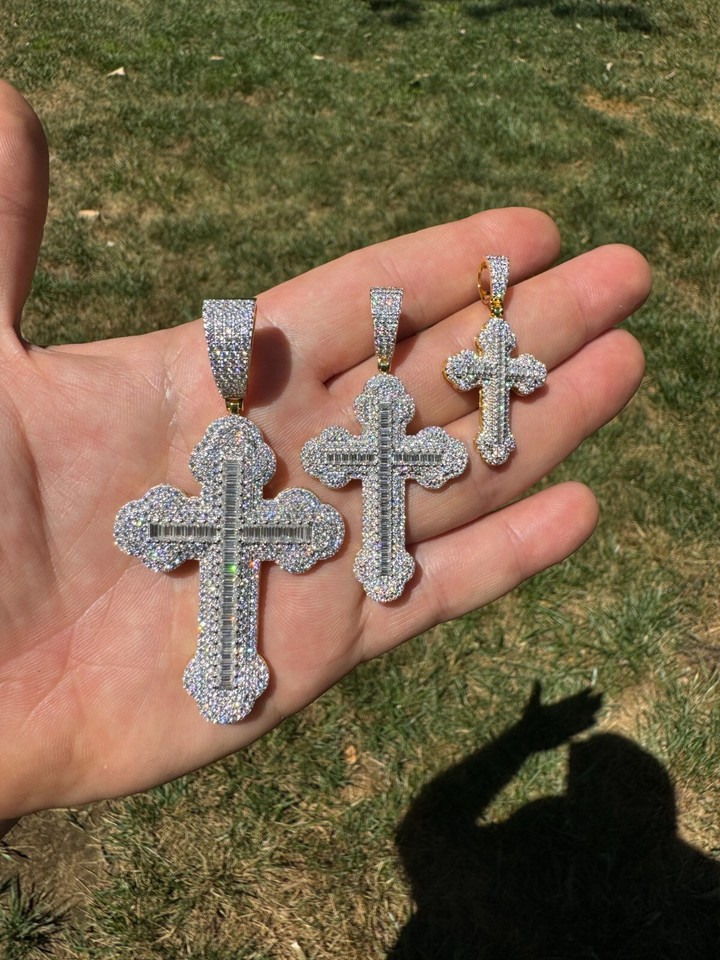 Moissanite Iced Gothic Baguette Cross Pendant 14k Gold Over 925 Silver ...