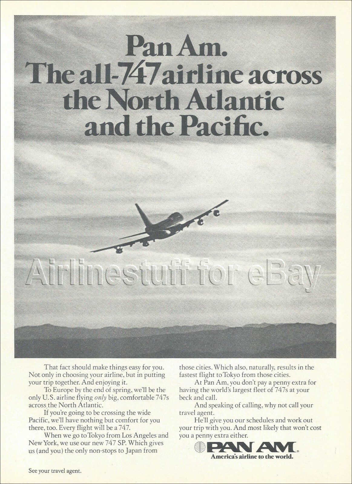 1976 PAN AM Boeing 747 Jumbo Jet ad American World Airways advert ...