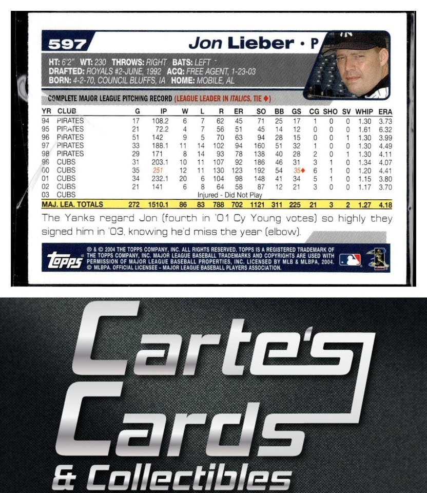 Jon Lieber 2004 Topps 1st Edition #597 New York Yankees | eBay