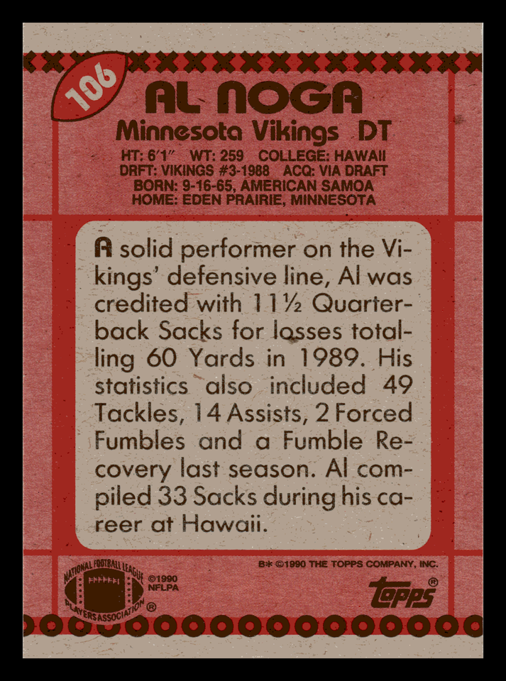 1990 Topps Al Noga Minnesota Vikings #106 Centered Mint | eBay