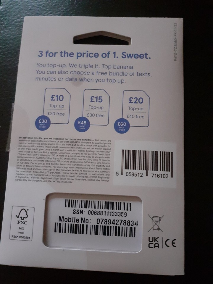 Tesco 02 Sim Card - pay as you go - Triple credit sim - 5G ready | eBay UK