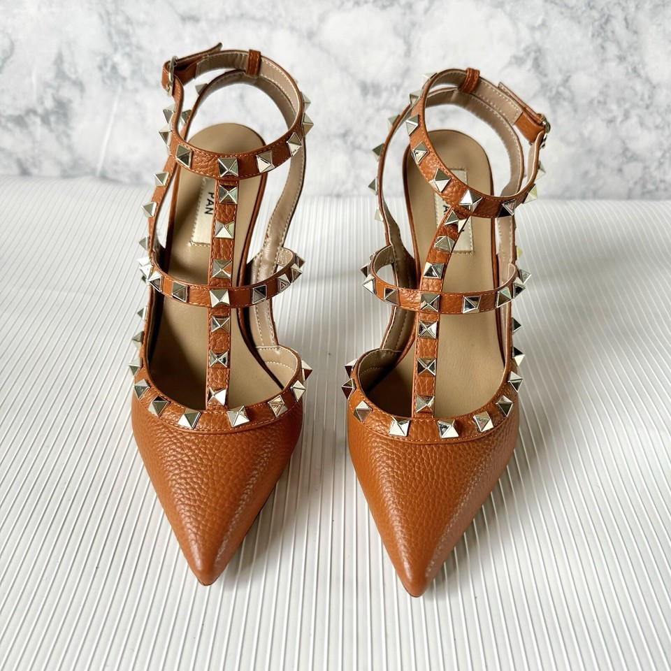 Kaitlyn Pan Orange Brown Pointed Toe Rockstud Heeled Ankle Strap Pumps ...
