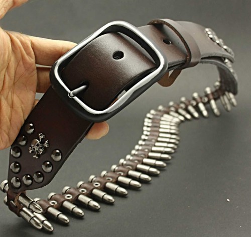 Genuine Leather Rocker Punk Mens Belt Cowhide Retro Bullet Skull Belts ...