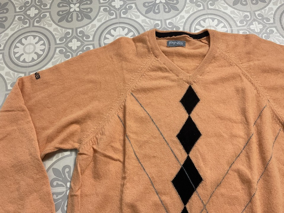 Ping Mens orange lambswool blend jumper knitted V neck Argyle Diamond ...