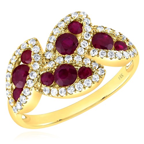 1.08CTW Real Diamond & Red Ruby 14K Real Gold Twist Leaf Cocktail Ring ...