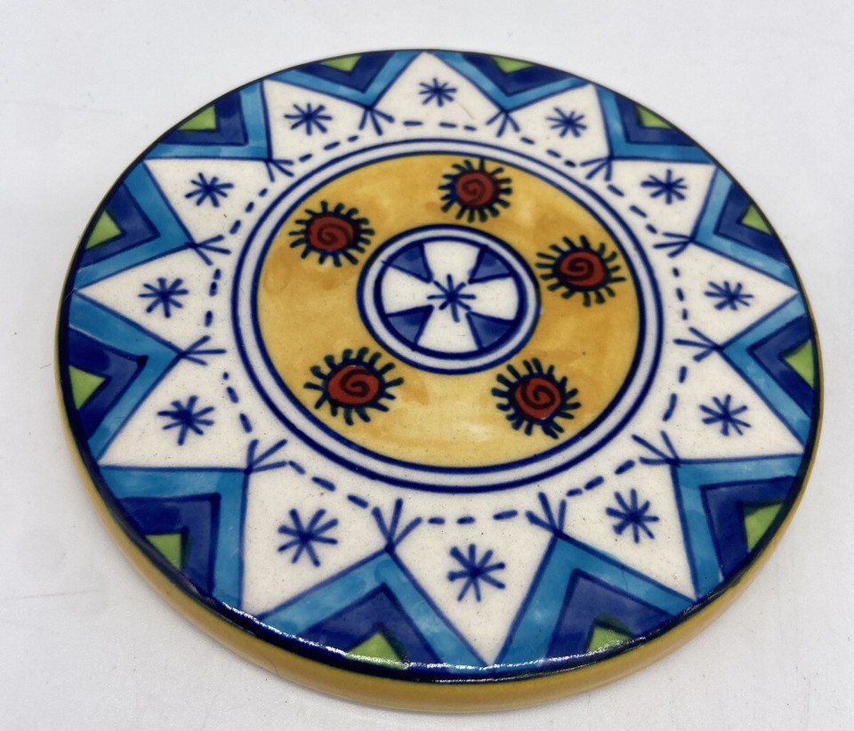 2 PIER 1 Hand Painted Round Ceramic Boho Sunburst Mandala Coasters Blue ...