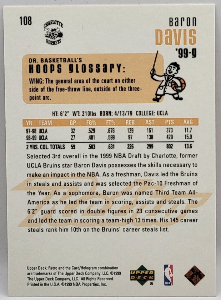 99-00 Upper Deck Retro Baron Davis Rookie Card (Charlotte Hornets) | eBay