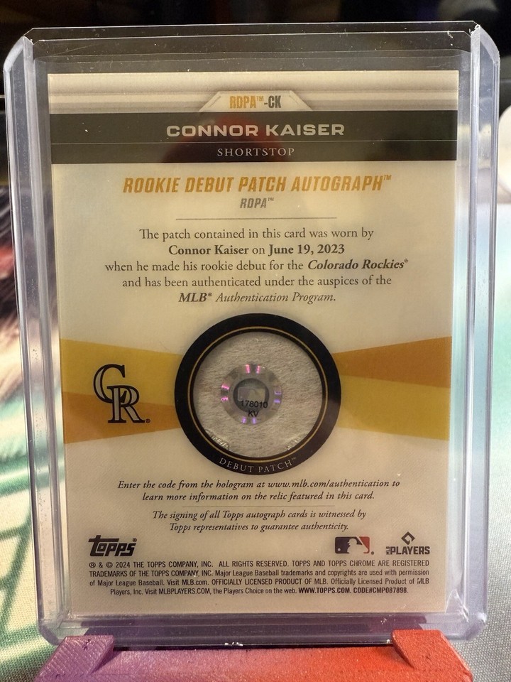 Connor Kaiser 1/1 Debut Patch for the Rockies. Topps Chrome Update 2024 ...