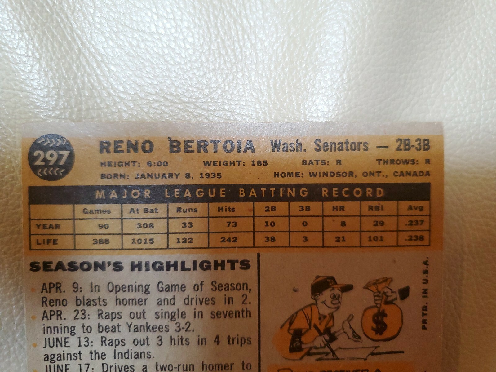 1960 Topps Reno Bertoia #297 - Washington Senators - 2nd/3rd Baseman ...