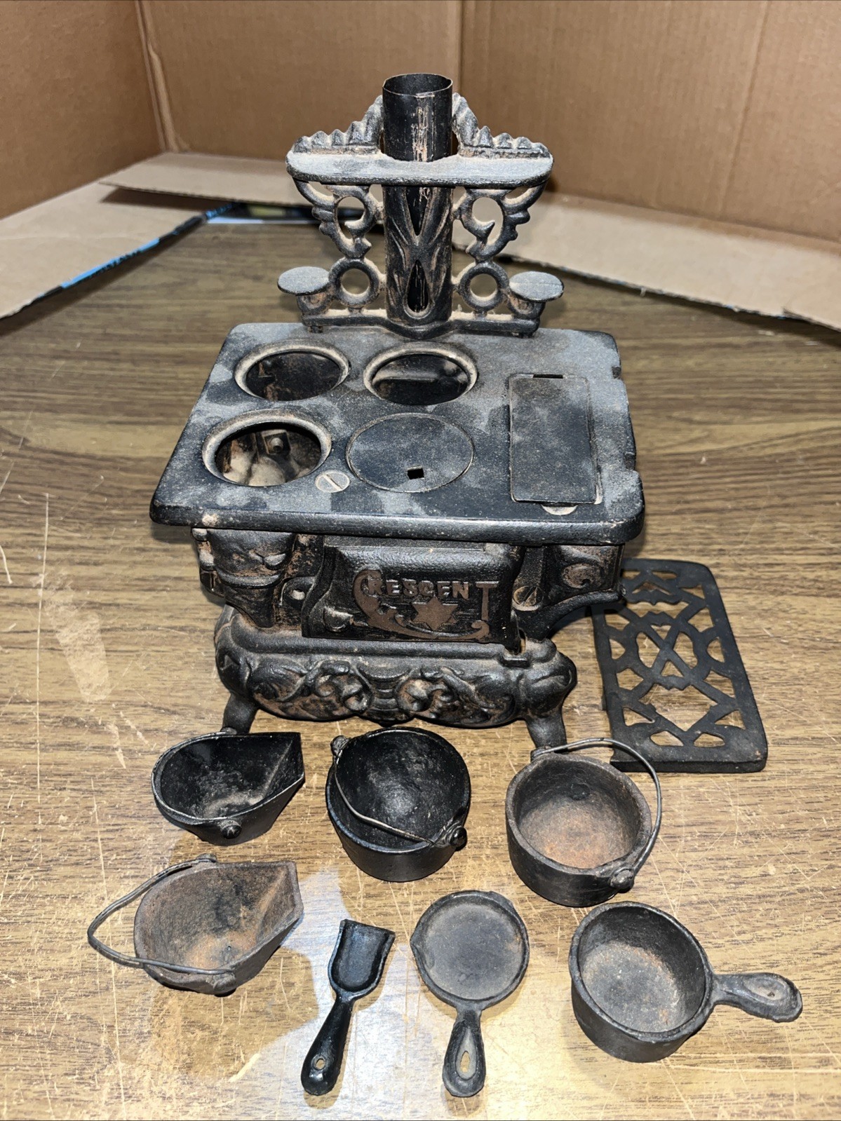 Crescent Antique Cast Iron Stove Miniature Toy With Pots, Pans And Coal ...