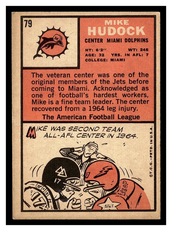 1966 TOPPS MIKE HUDOCK #79 MIAMI DOLPHINS HIGHER GRADE NO CREASES GREAT ...