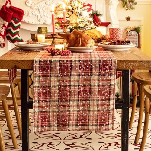 Red Plaid Christmas Table Runner Winter Holiday Snowflake Table Runners ...
