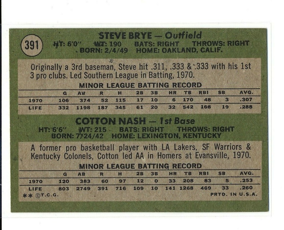 1971 TOPPS BASEBALL NM OR BETTER #391 STEVE BRYE & COTTON NASH | eBay