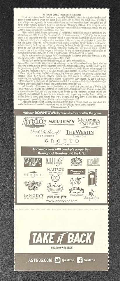 2019 Abraham Toro MLB Debut , Gerrit Cole Win Full Ticket Stub Astros ...