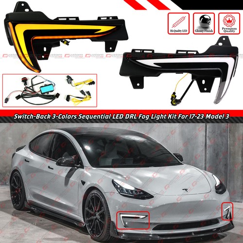 FOR 17-23 TESLA MODEL 3 FRONT BUMPER TRI-COLOR SEQUENTIAL LED DRL FOG ...