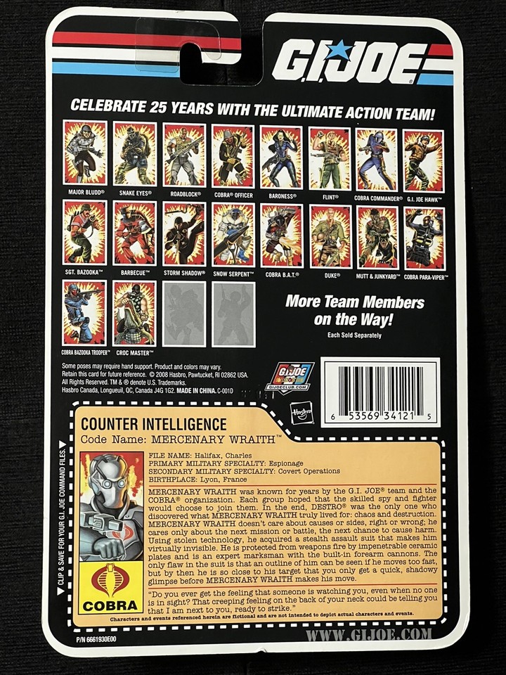 GI JOE 25TH ANNIVERSARY INTELLIGENCE MERCENARY WRAITH CARD 3.75” FIGURE ...
