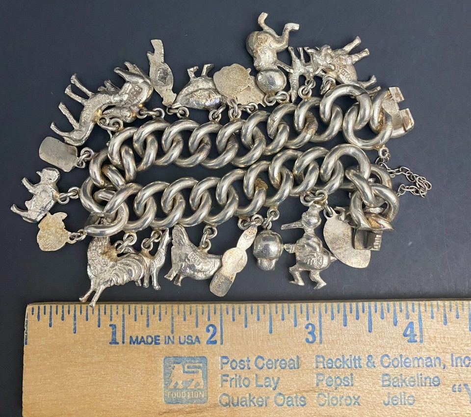Heavy 925 Silver Vintage Charm Bracelet, Twenty Different Cool Charms ...