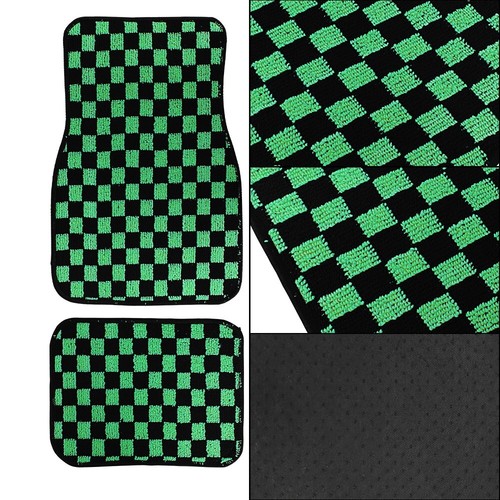 4PCS UNIVERSAL CHECKERED GREEN Racing Fabric Car Floor Mats Interior ...