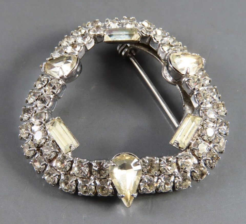Vintage SILVER TONE BROOCH PIN Clear Rhinestones ROUNDED TRIANGLE Pear ...
