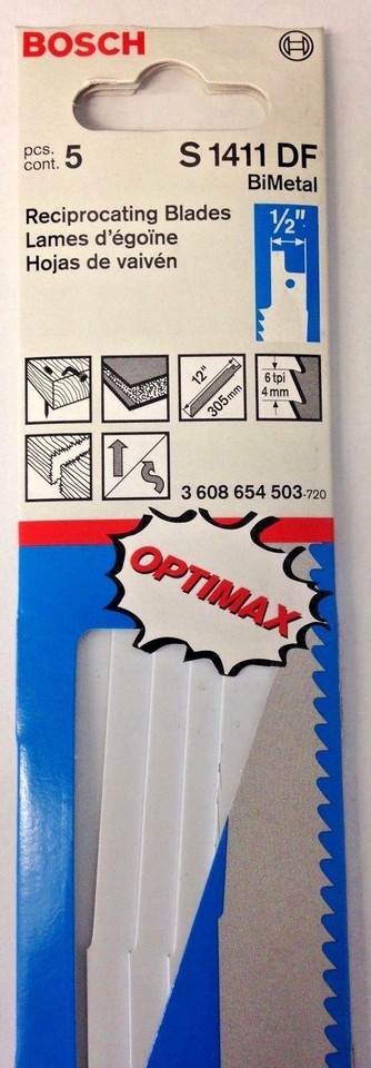 Bosch S1411DF 12" x 6 TPI Bi-Metal Reciprocating Saw Blades 5 Pack ...