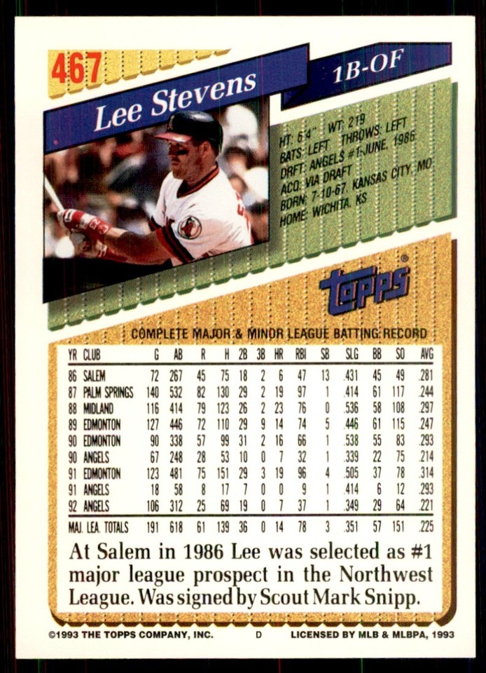 1993 Topps Lee Stevens Baseball Cards #467 | eBay