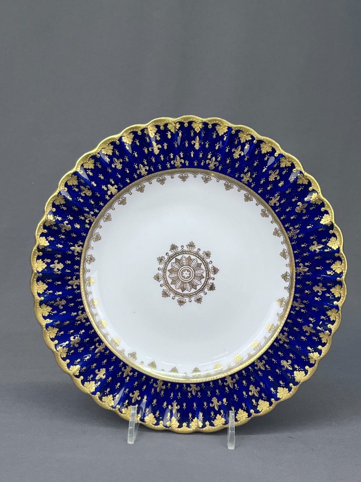 Antique Copeland Spode Fleur de Lys Lis 8 1/2" Cobalt & Gold Scalloped ...