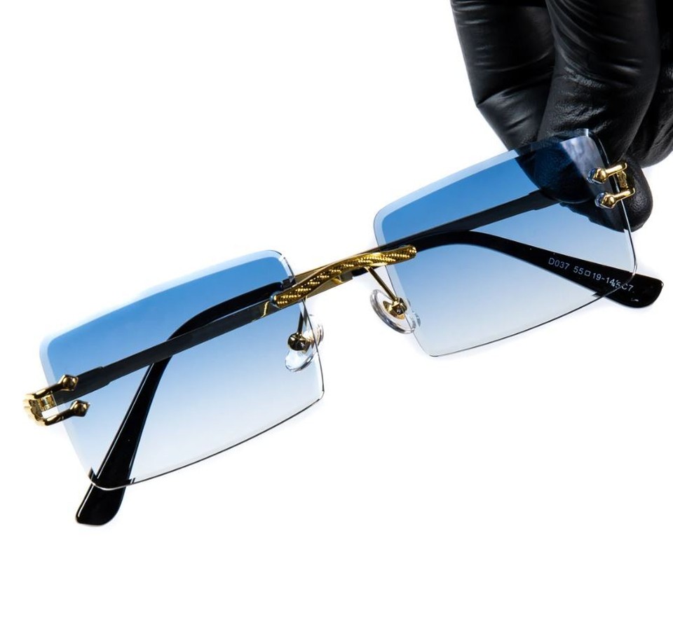 Blue Tint Mens Rimless Square Gold Frame Rectangular Hip Hop Fashion ...