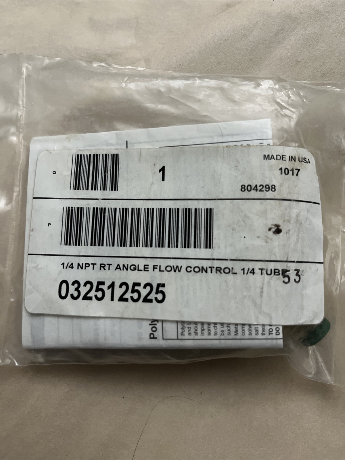 Parker 3251-2525 1/4 NPT RT Angle Flow Control 1/4 T 032512525 Right ...