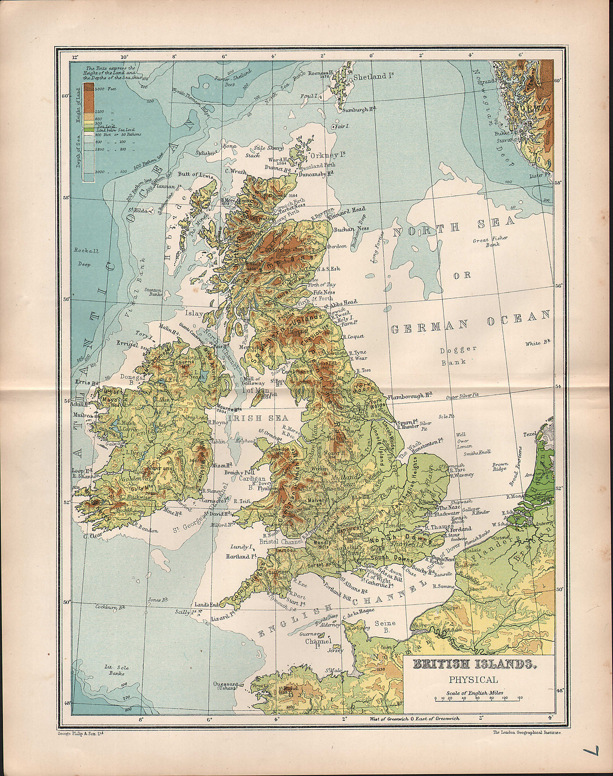 1903 MAP BRITISH ISLANDS PHYSICAL LAND HEIGHTS CAMBRIAN WELSH MOUNTAINS ...