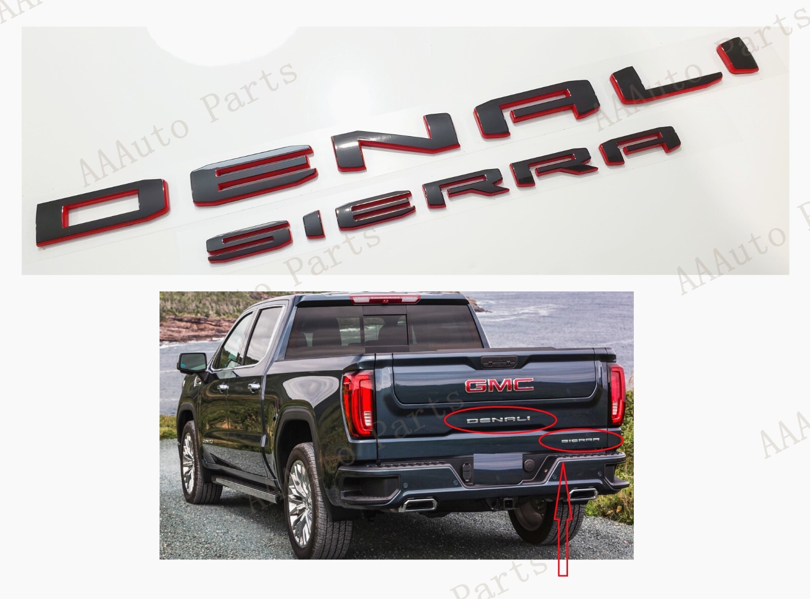 2PCS Gloss Black Red Rear DENALI Sierra Emblems Letter Fit GMC Sierra ...