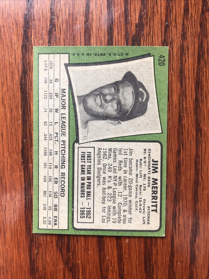1971 Topps Baseball Jim Merritt #420 Cincinnati Reds Nice Card! | eBay