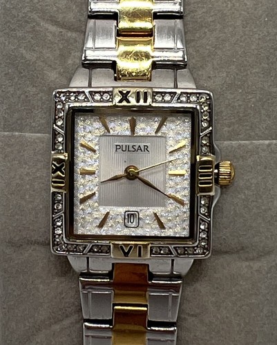 Pulsar Womens Watch Two Tone Square Face Roman Numerals Time and Date ...